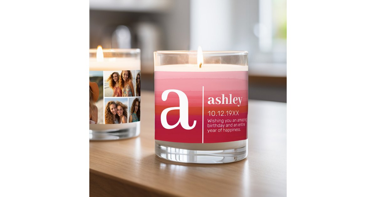 Pink Red Watercolor - Mod Monogram - Photo Collage Scented Candle | Zazzle
