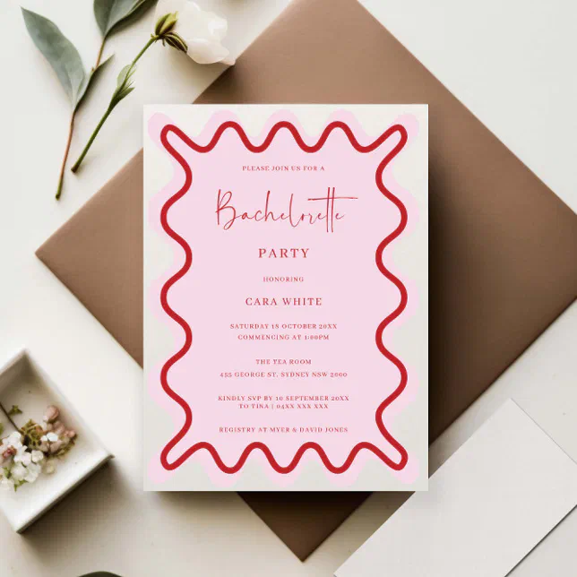 Pink Red Wavy Border Bachelorette Party Invitation | Zazzle