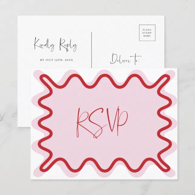 Pink Red Wavy Border RSVP Postcard | Zazzle