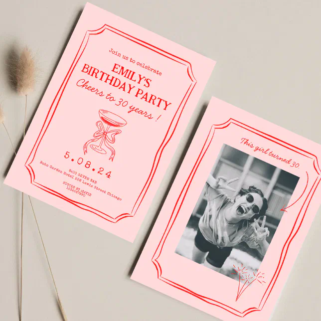 Pink Red Whimsical Funky Quirky 30 th Birthday Invitation | Zazzle