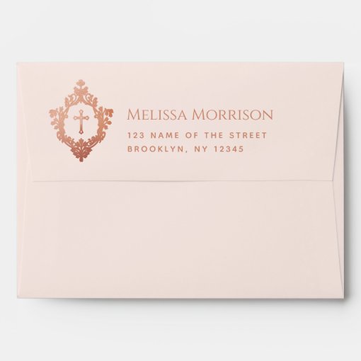 Pink Religious Cross Vintage Rose Gold Crest Blush Envelope | Zazzle
