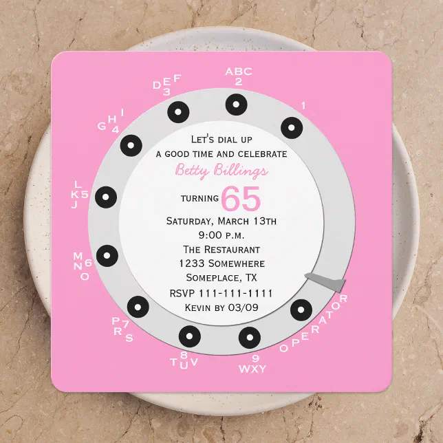 Pink Retro 65th Birthday Party Invitation Rotary | Zazzle