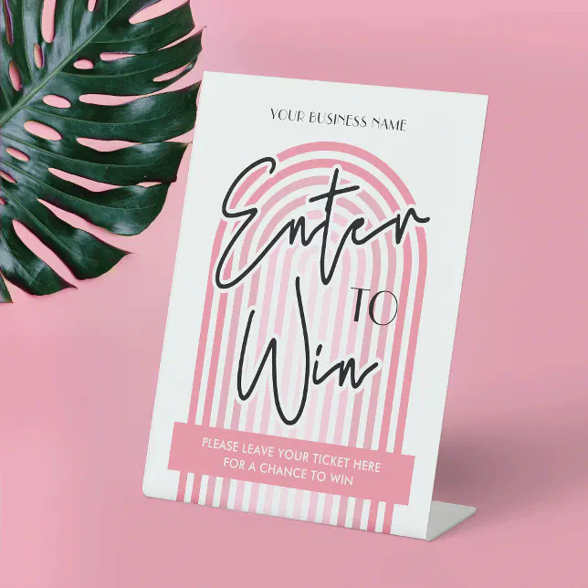 Pink Retro Arch Business Prize Draw Raffle Pedestal Sign | Zazzle