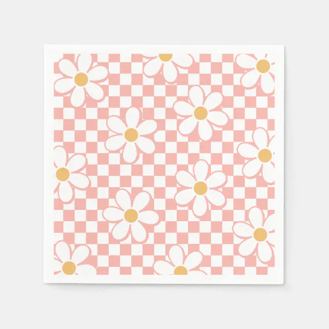 Pink Retro Checker Daisy birthday Napkins | Zazzle