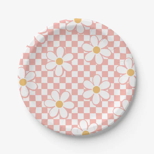 Pink Retro Checker Daisy birthday Paper Plates | Zazzle