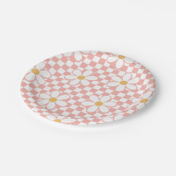 Pink Retro Checker Daisy birthday Paper Plates | Zazzle