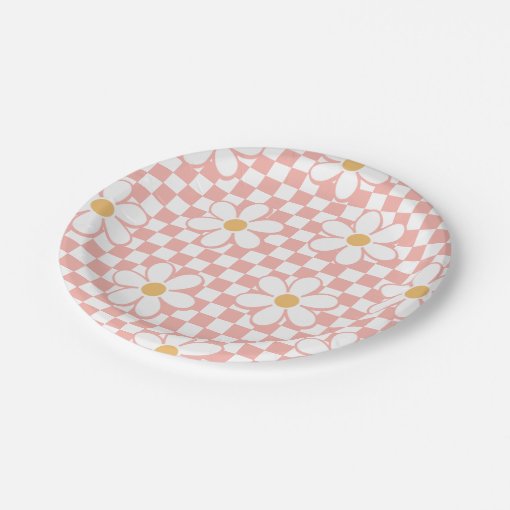 Pink Retro Checker Daisy birthday Paper Plates | Zazzle