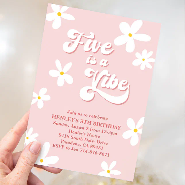 Pink Retro Daisy Five Is A Vibe Birthday Invitation | Zazzle