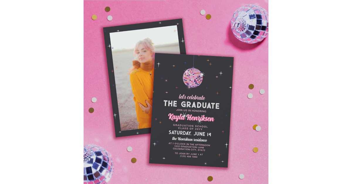 Pink Retro Discoball & Flares Graduation Party Invitation | Zazzle