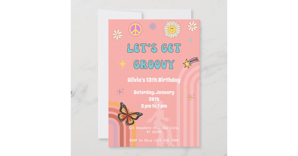 Pink Retro Groovy Birthday Party Invitation | Zazzle