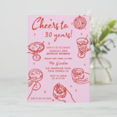 Pink Retro Hand Drawn Funky Birthday Party Invitation | Zazzle