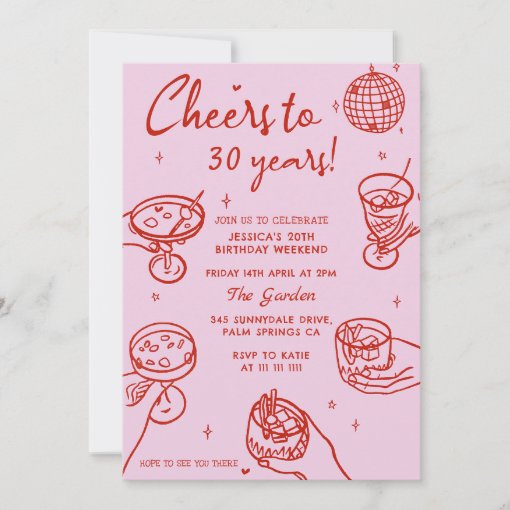 Pink Retro Hand Drawn Funky Birthday Party Invitation | Zazzle