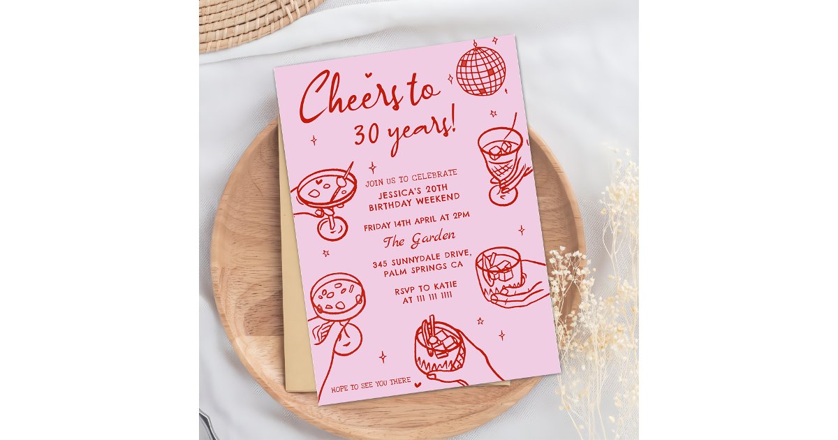 Pink Retro Hand Drawn Funky Birthday Party Invitation | Zazzle