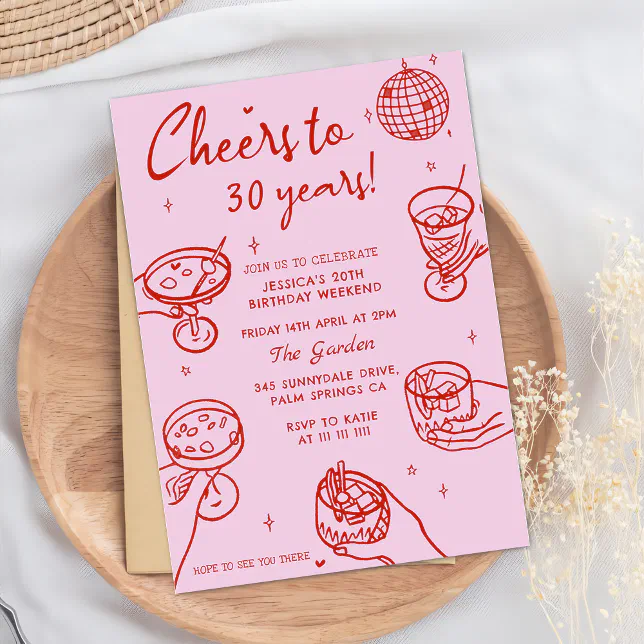 Pink Retro Hand Drawn Funky Birthday Party Invitation | Zazzle