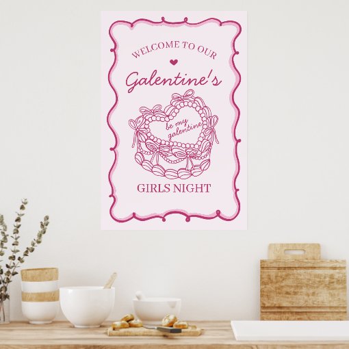 Pink Retro Heart Coquette Cake Galentines Welcome Poster | Zazzle
