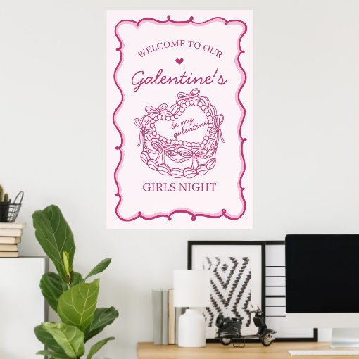 Pink Retro Heart Coquette Cake Galentines Welcome Poster | Zazzle