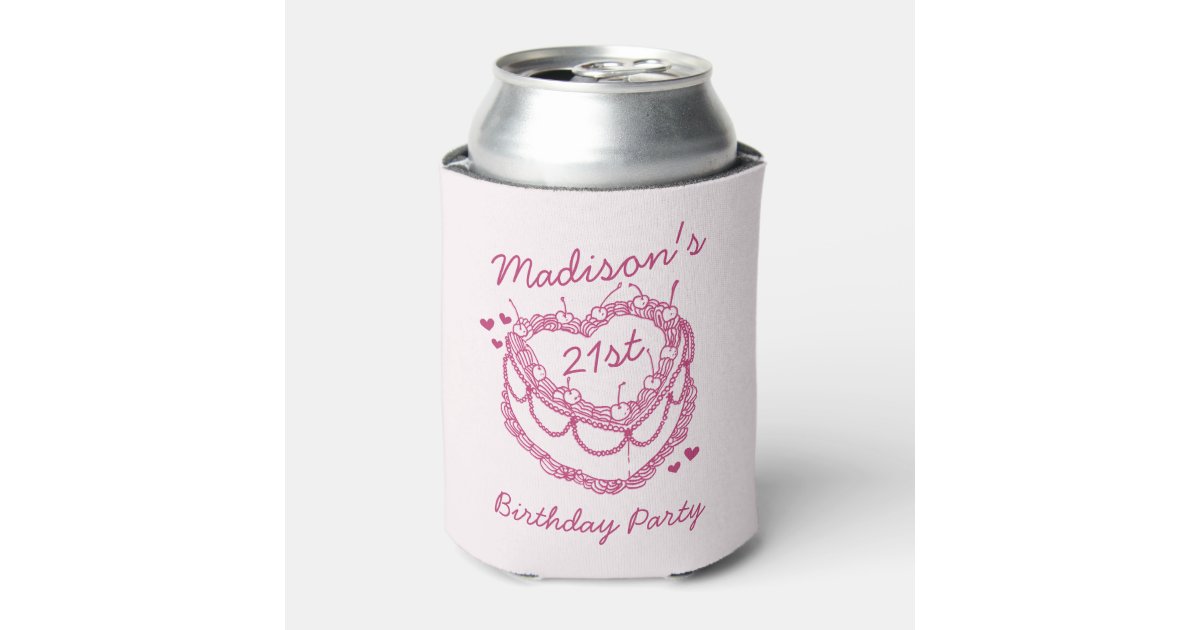 Pink Retro Heart Coquette Cherry Cake Birthday Can Cooler | Zazzle