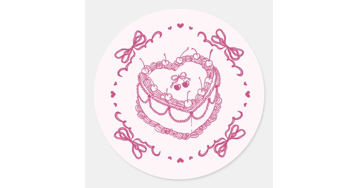 Pink Retro Heart Coquette Cherry Cake Envelope Classic Round Sticker ...