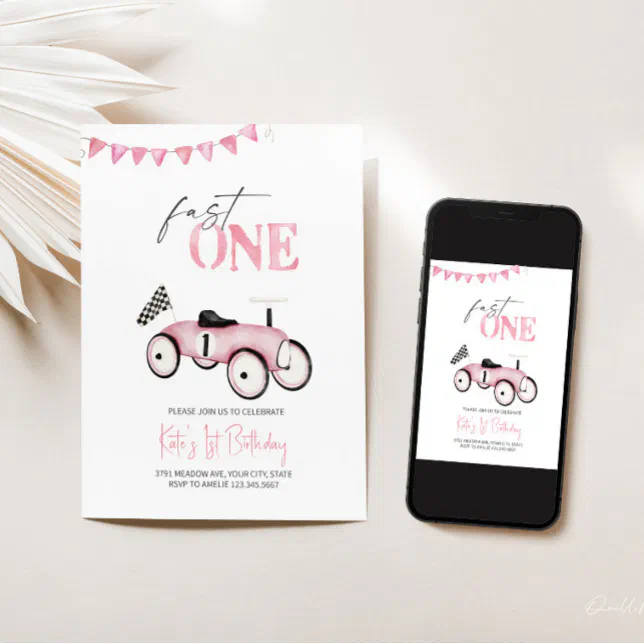 Pink Retro Race Car Ride-On Birthday Invitation | Zazzle