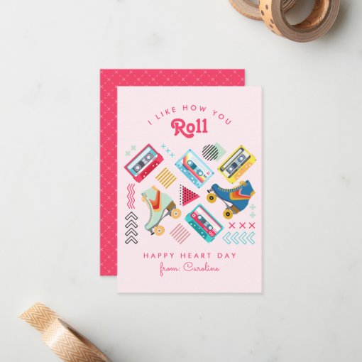 Pink Retro Rollerskate Classroom Valentine Note Card | Zazzle