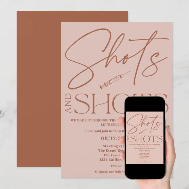 Pink retro script shots Vaccination celebration Invitation | Zazzle