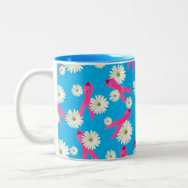 pink ribbon and daisy design Two-Tone coffee mug | Zazzle