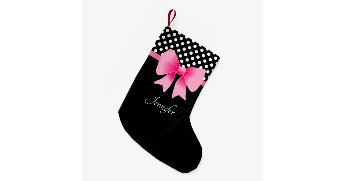 Pink Ribbon Black & White Polka Dots Pattern Name Small Christmas ...