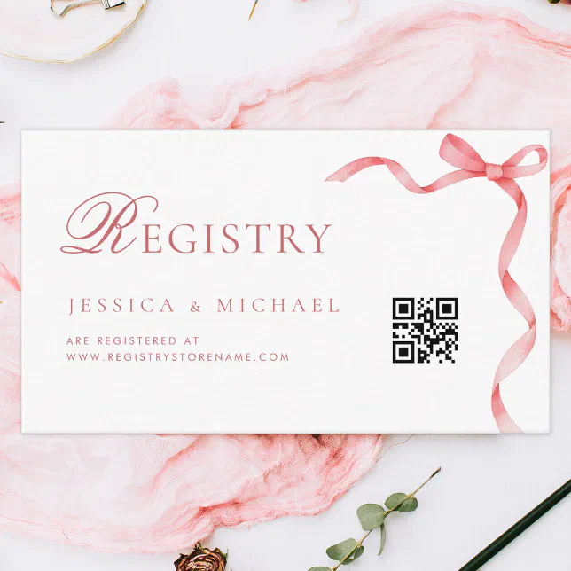 Pink Ribbon Bow QR Code Bridal Shower Registry Enclosure Card | Zazzle
