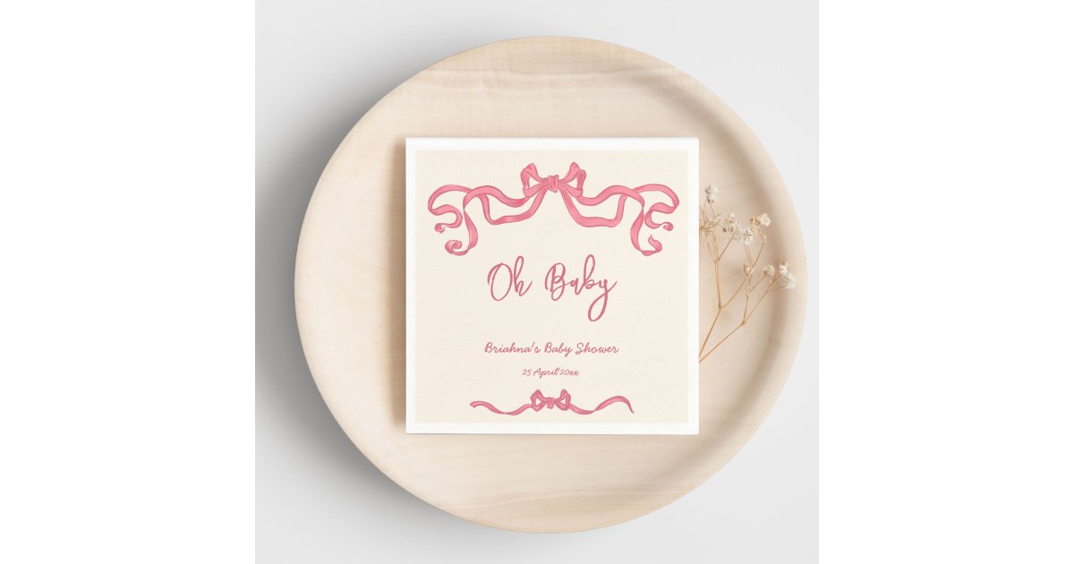 Pink ribbon bow scribble sketch baby shower napkins | Zazzle