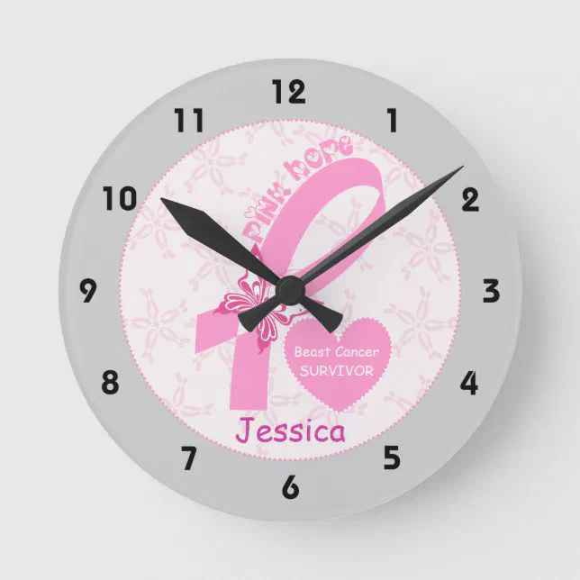 Pink Ribbon Breast cancer survivor, grey border Round Clock | Zazzle