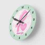 Pink Ribbon Breast cancer survivor, mint border Round Clock | Zazzle