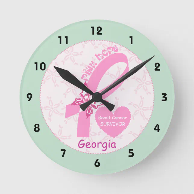 Pink Ribbon Breast cancer survivor, mint border Round Clock | Zazzle