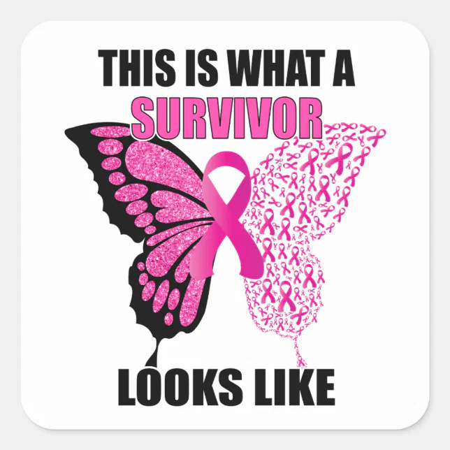 Pink Ribbon Butterfly Survivor Breast Cancer Square Sticker | Zazzle