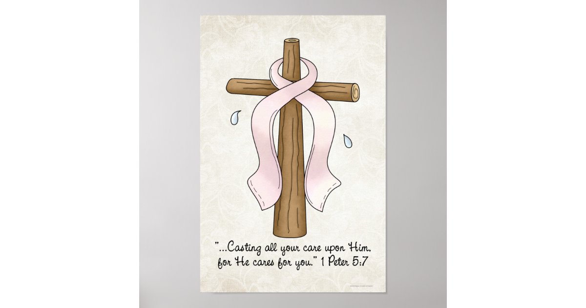 Pink Ribbon & Cross Christian Scripture Poster | Zazzle