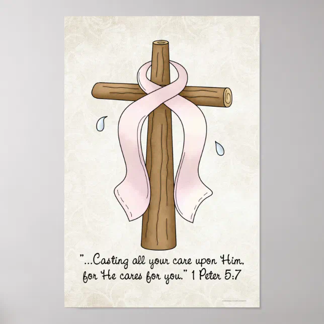 Pink Ribbon & Cross Christian Scripture Poster | Zazzle