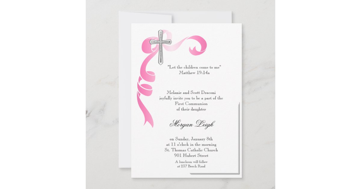 Pink Ribbon Cross Communion Invitation | Zazzle