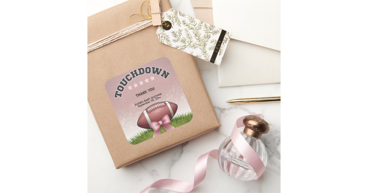 Pink Ribbon Football Touchdown Baby Shower Square Sticker | Zazzle