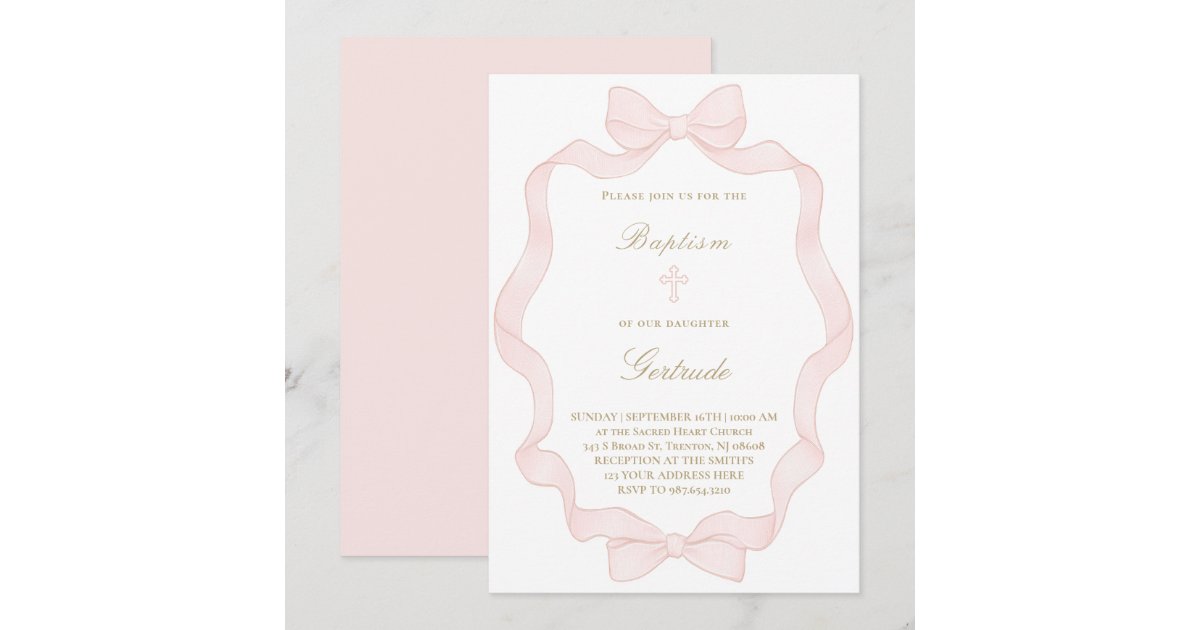 pink ribbon frame Baptism Invitation | Zazzle