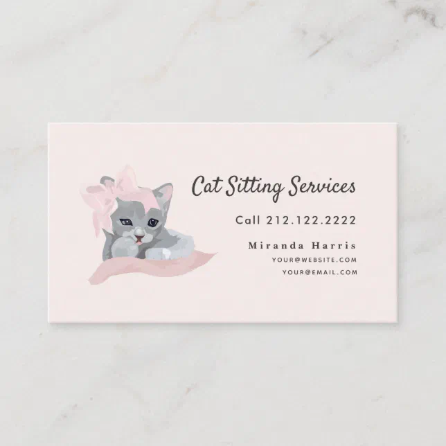 Pink Ribbon Gray Kitten Cat Sitting Business Card | Zazzle