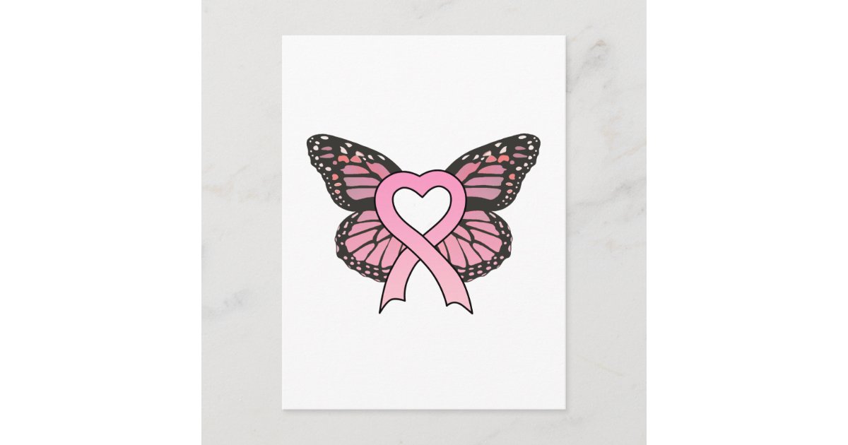 Pink Ribbon Heart Butterfly Postcard | Zazzle