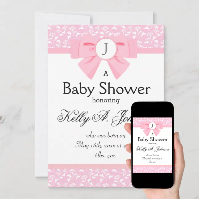 Pink Ribbon Monogram with Floral Print Invitation | Zazzle