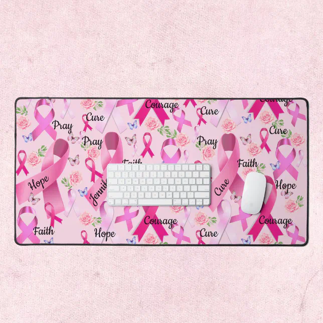 Pink Ribbon Personalize Words & Name Breast Cancer Desk Mat | Zazzle