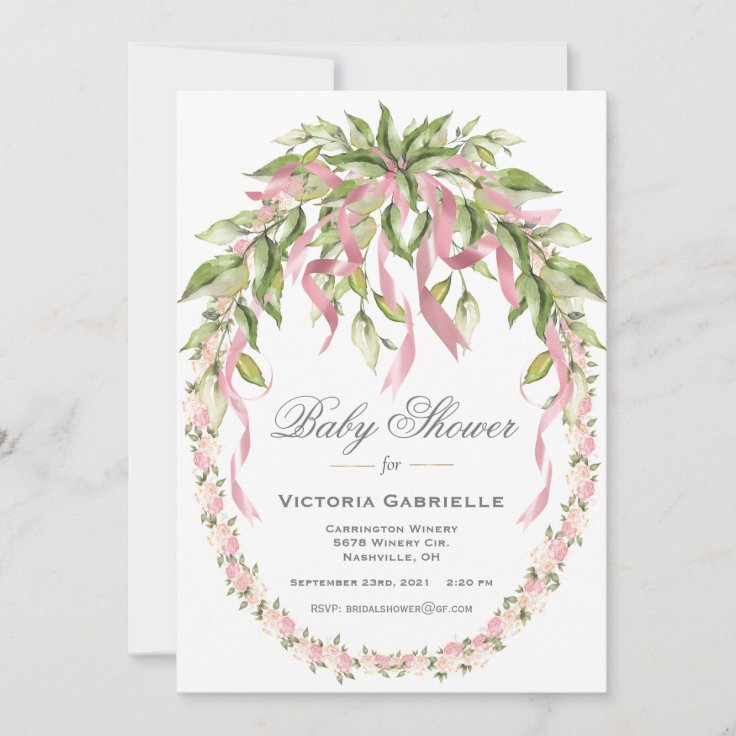 Pink Ribbons Floral Wreath Elegant Baby Shower Invitation | Zazzle