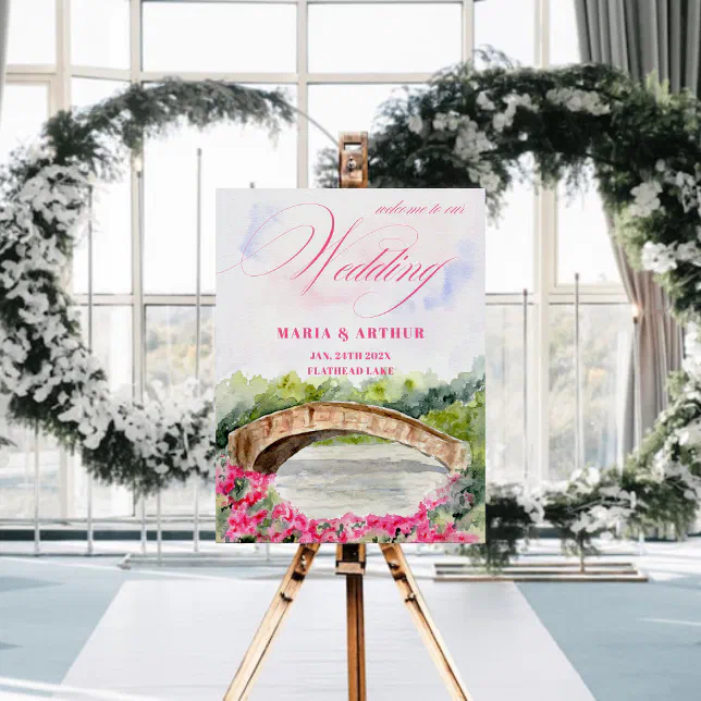 Pink River Lake Watercolor Wedding Welcome Sign | Zazzle