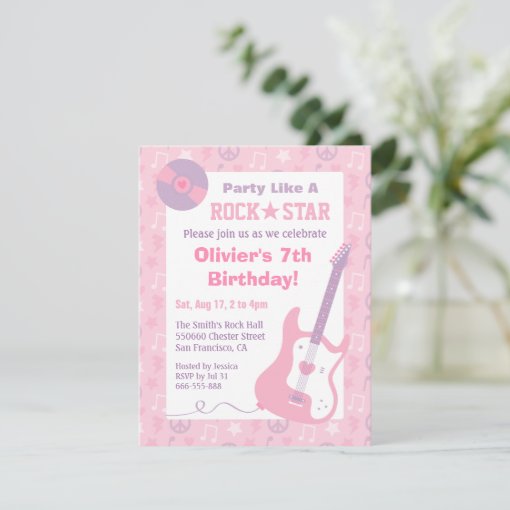 Pink Rock Star Girls Birthday Party Invitations | Zazzle