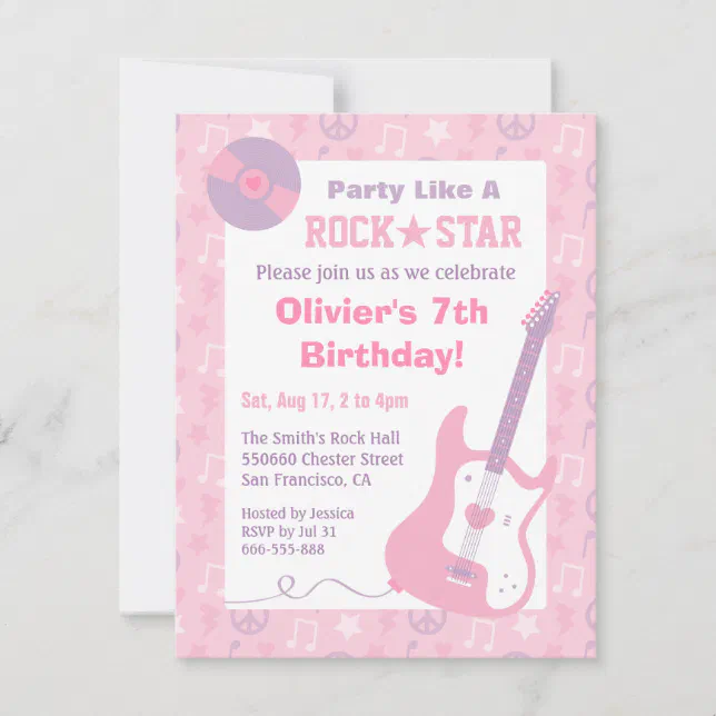 Pink Rock Star Girls Birthday Party Invitations | Zazzle