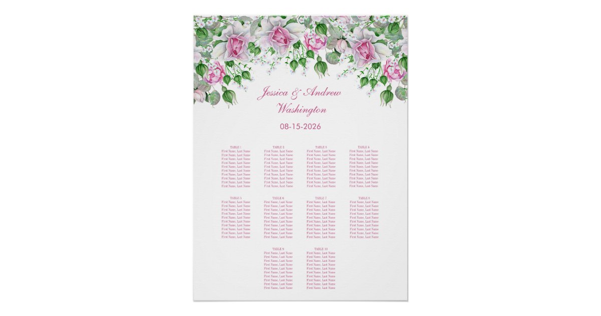 Pink Romantic Roses Wedding Seating Chart | Zazzle