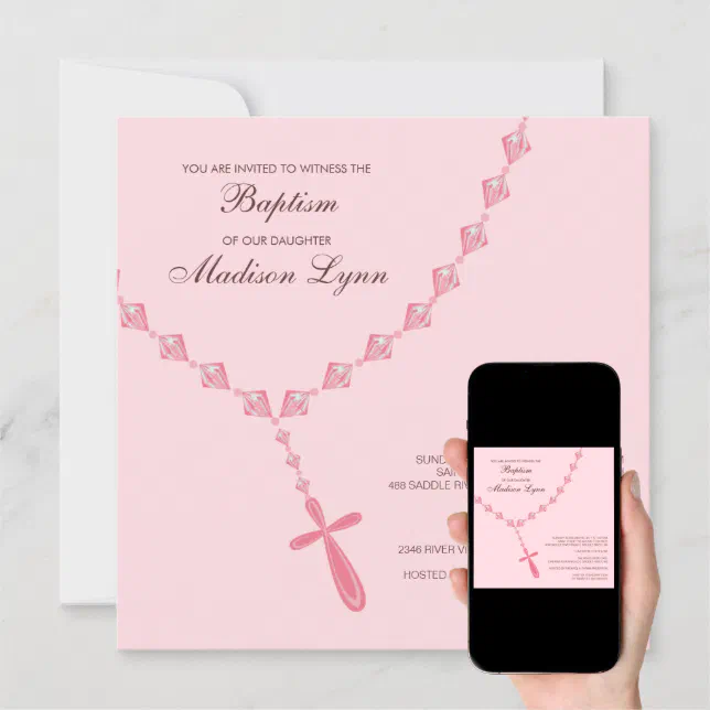 Pink Rosary Bead Baby Girl Baptism Inviation Invitation | Zazzle