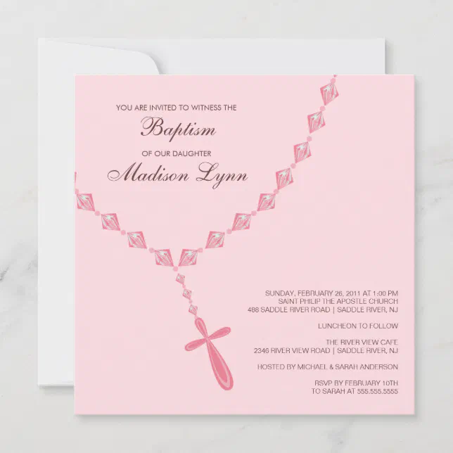 Pink Rosary Bead Baby Girl Baptism Inviation Invitation | Zazzle