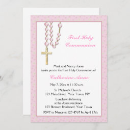 Pink Rosary Beads, Floral, Religious Invitation | Zazzle